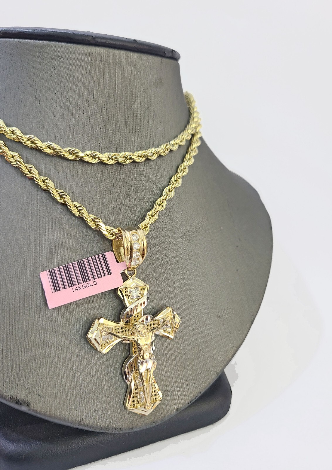 14k Yellow Gold Rope Chain & Jesus Swirl Cross Charm SET 4mm 24 Inches ...