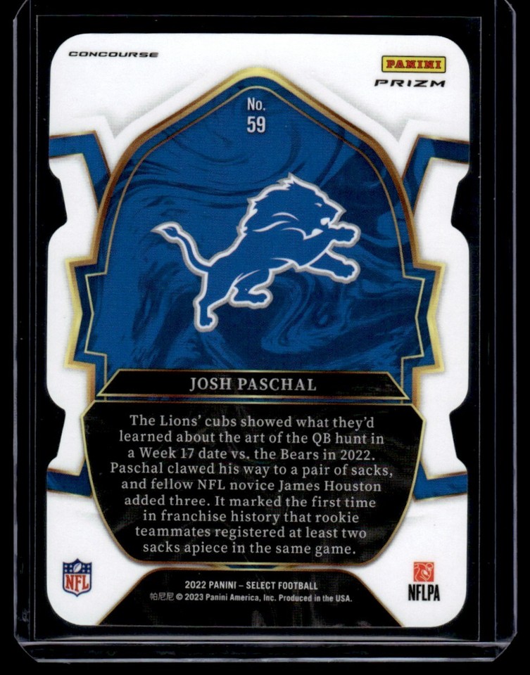 2022 Panini Select Josh Paschal Rookie Detroit Lions #59 Green/Yellow ...