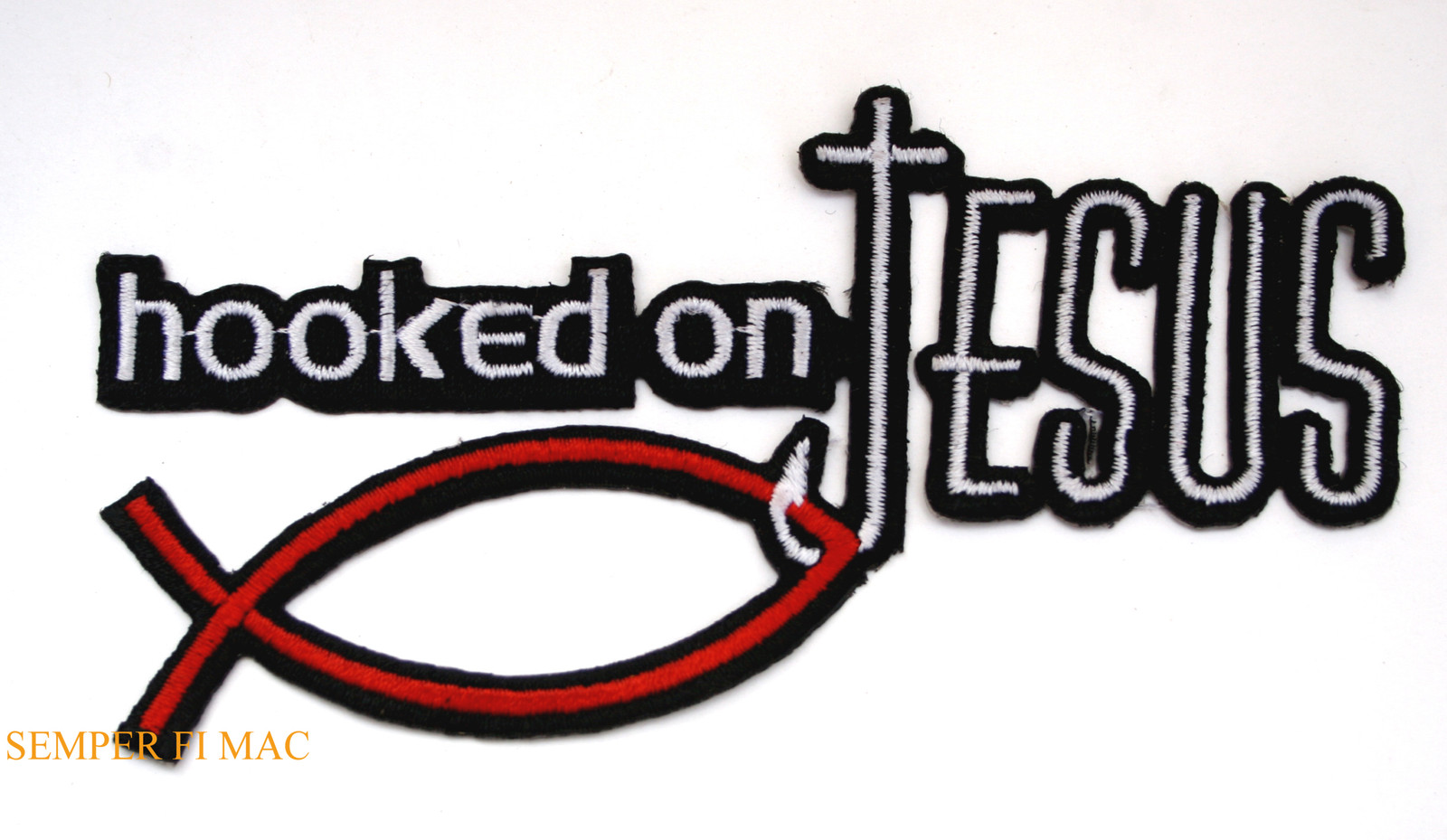 HOOKED ON JESUS FISH CROSS CHRISTIAN Iron On Hat Patch PIN UP HEART GOD ...