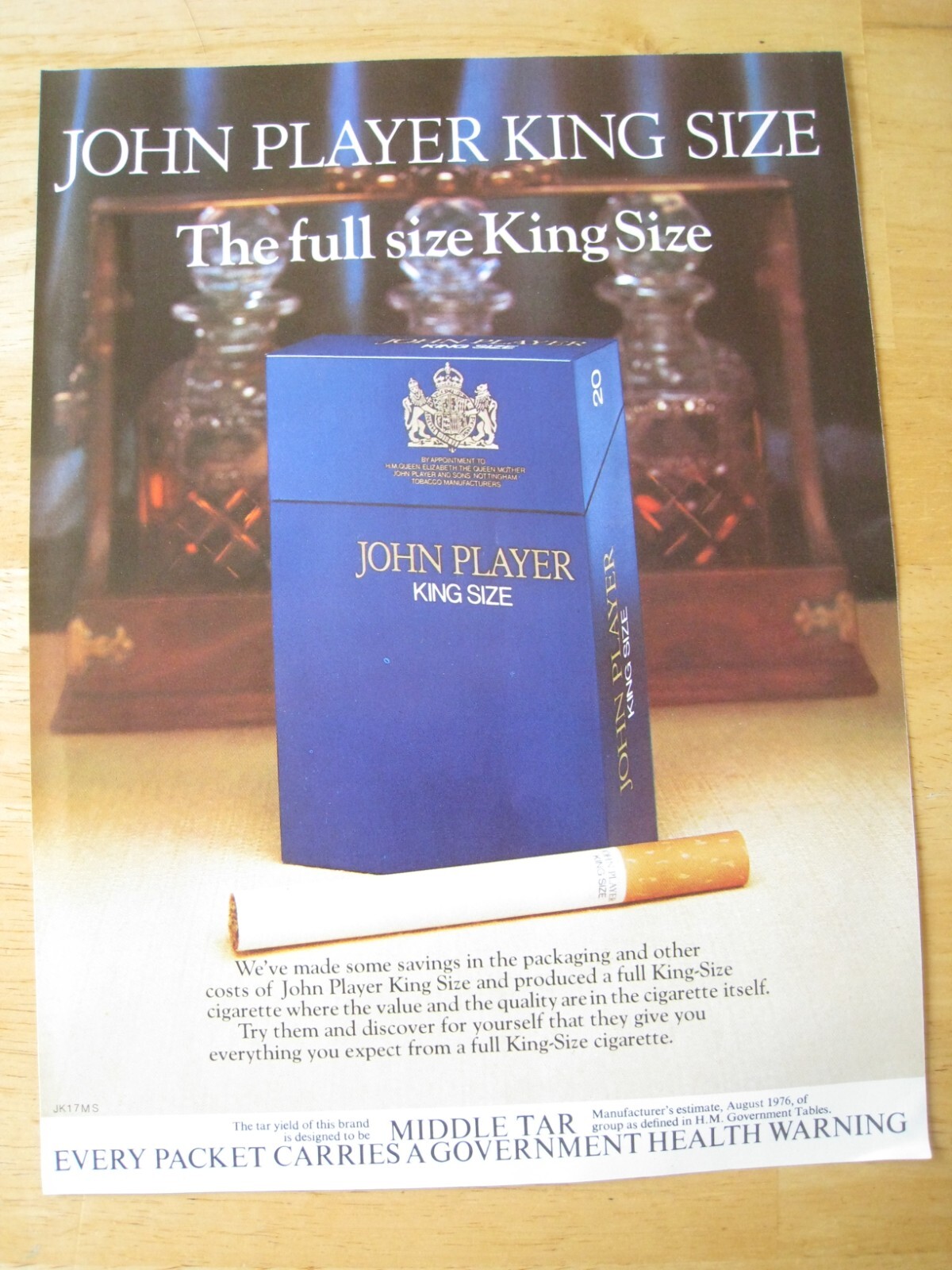 JOHN PLAYER KING SIZE CIGARETTES MIDDLE TAR TOBACCO 1977 ADVERT A4 FILE ...