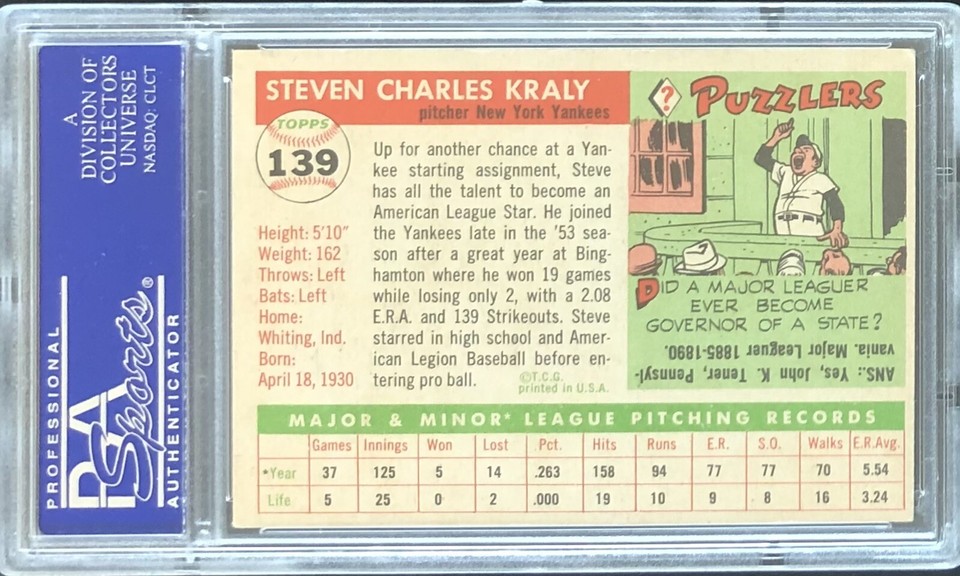 1955 TOPPS #139 STEVE KRALY PSA 5 EX YANKEES | eBay