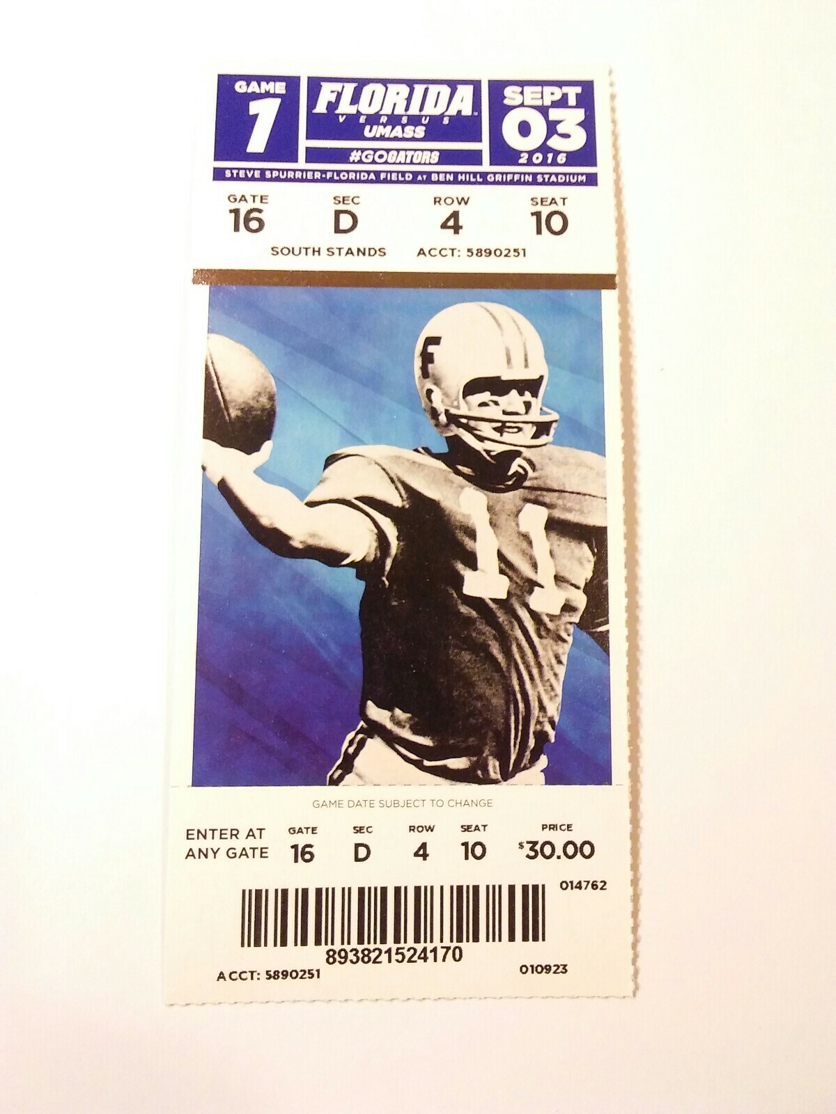 2016 Florida Gators Massachusetts UMass Football Ticket Stub | eBay