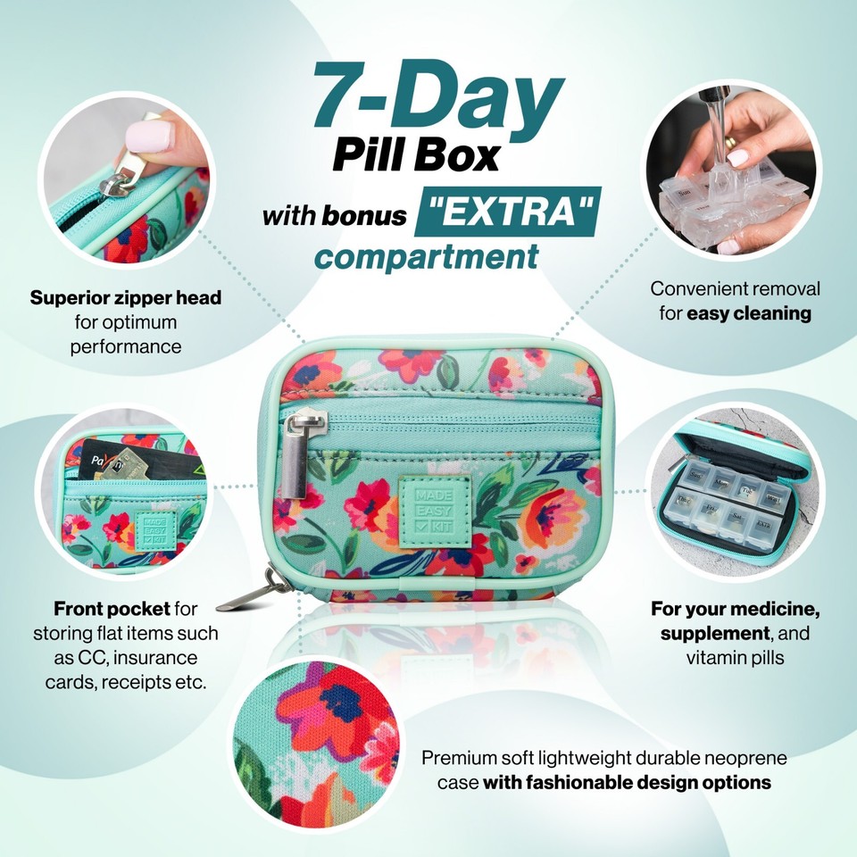 Made Easy Kit Pill Case Weekly Medicine Organizer w/ Removable 7-Day ...
