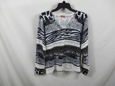 Carol Rose Womens Shirt Large White Animal Print V Neck Long Sleeve ...