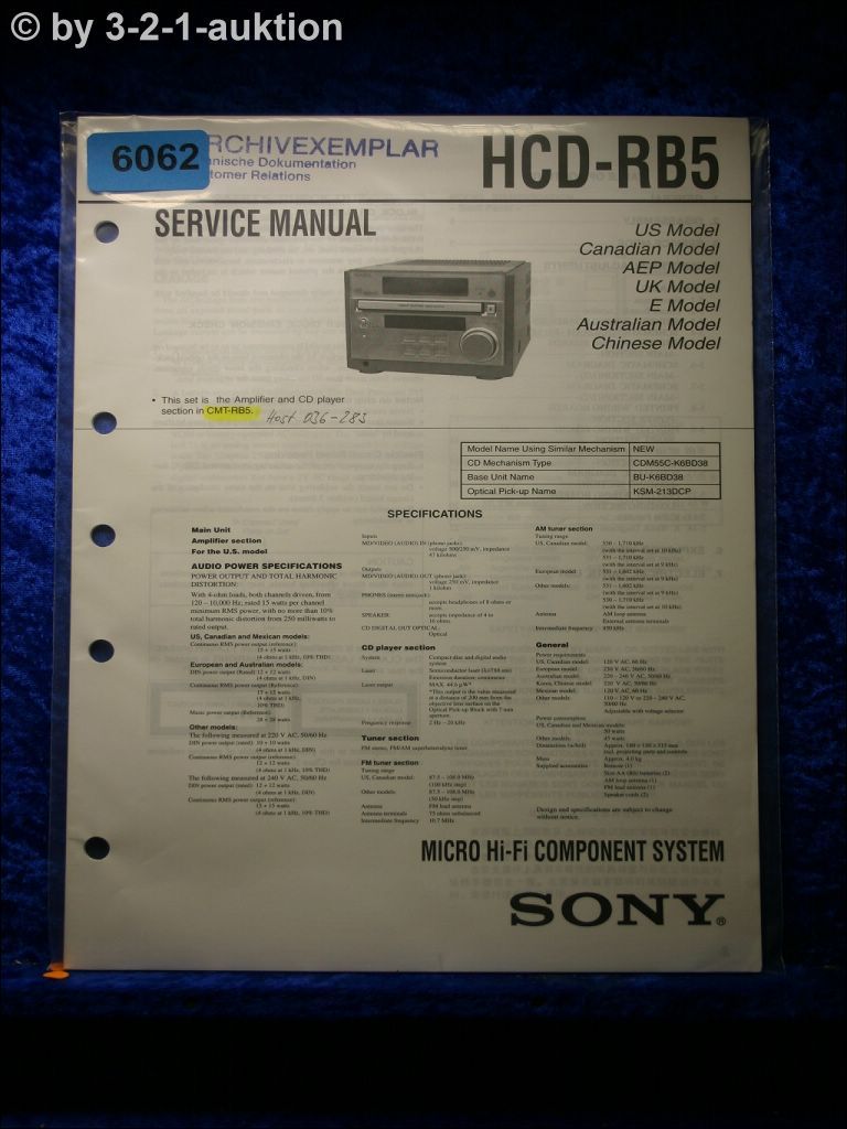 Sony Service Manual Hcd Rb5 Compact Disc Receiver (#6062) | eBay