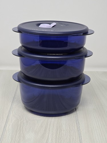 TUPPERWARE Microwave Vent N Serve Round Set Of 3 Blue 3 1/2, 2 1/2 & 1 ...