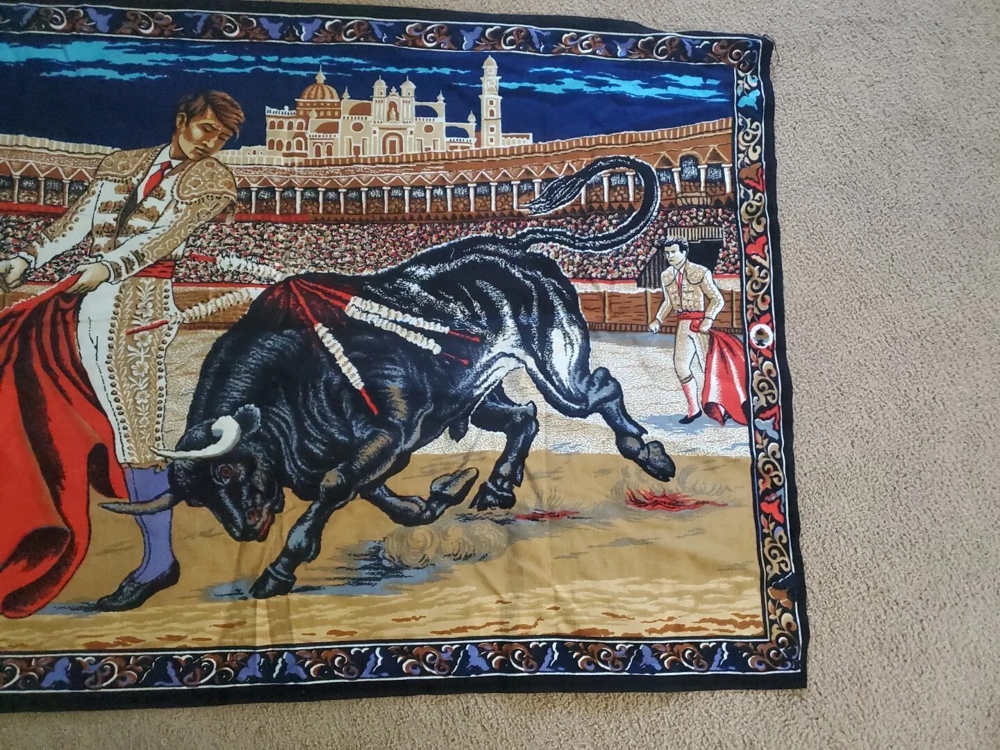 Vintage Matador Bull Fighting Tapestry Rug Velvety Wall Hanging 58"×39 ...