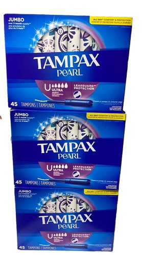 Lot of 3 Boxes Tampax Pearl Ultra Leakguard Jumbo Tampons 45 Count 135 ...