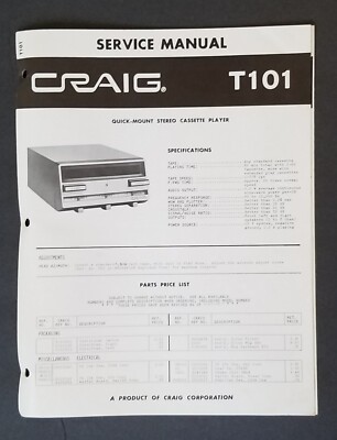 CRAIG Model T101 Service Manual. Quick Mount Stereo Cassette Player | eBay
