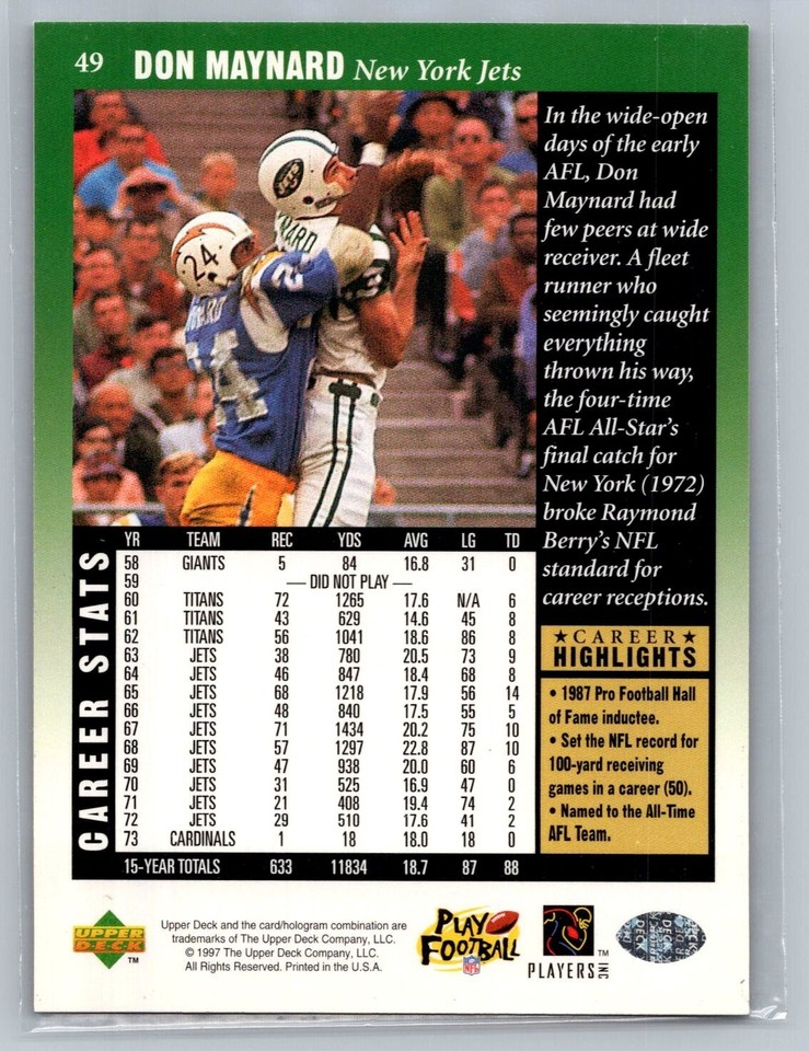 1997 UPPER DECK CARD # 49 Don Maynard - New York Jets | eBay