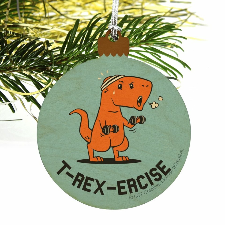 T-Rex-Ercise Exercise Dinosaur Funny Humor Wood Christmas Tree Holiday ...