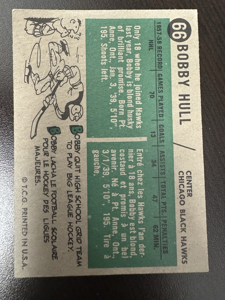1958-59 TOPPS BOBBY HULL ROOKIE CHICAGO BLACKHAWKS # 66 | eBay