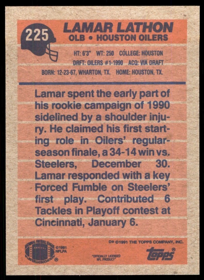 1991 Topps Lamar Lathon Houston Oilers #225 | eBay