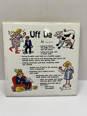 Funny Vintage Norwegian 'Uff Da' Ceramic Trivet Tile Cork Backing 6" x ...