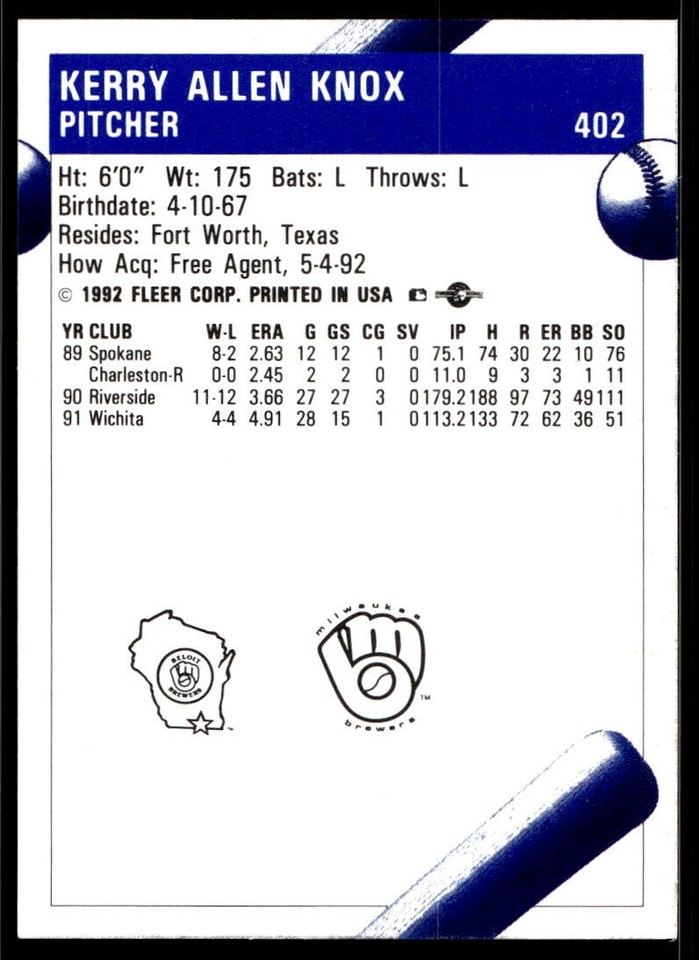 1992 Fleer ProCards 402 Kerry Knox Beloit Brewers Baseball Card | eBay