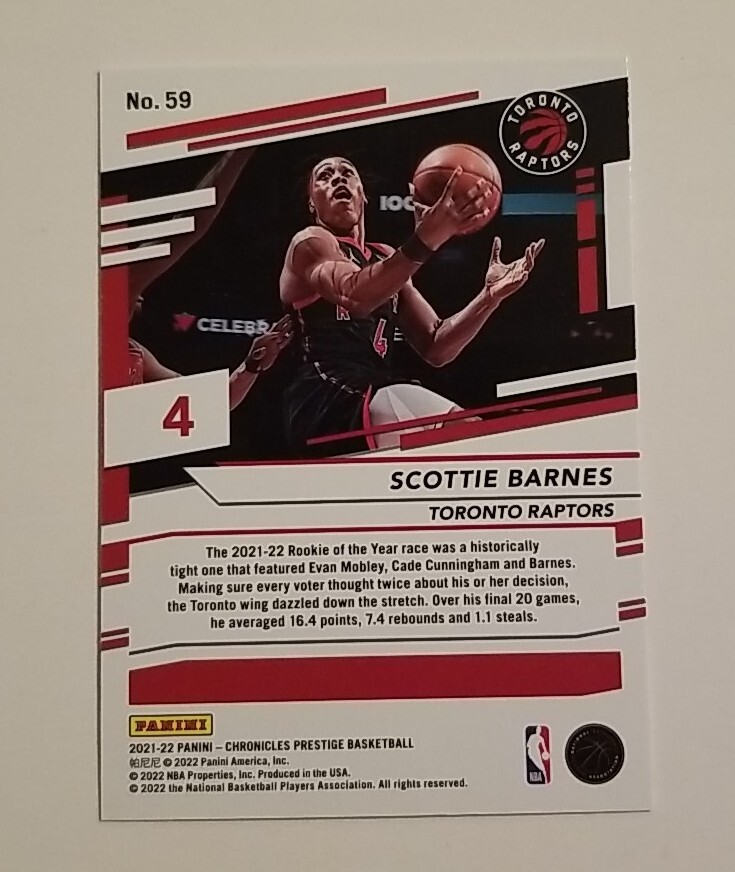 Scottie Barnes Rookie RC 2021-22 Panini Chronicles Prestige #59 Toronto ...