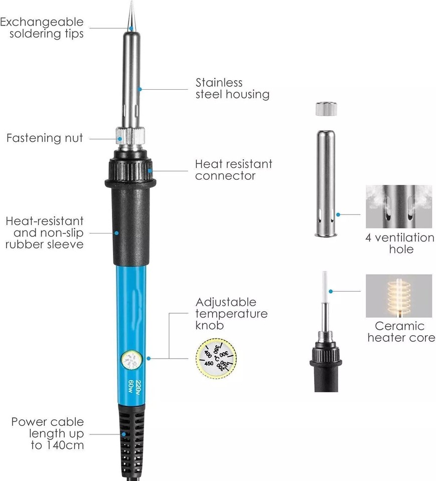 60W Adjustable Temp Soldering Iron Kit Electronics Welding Solder Irons ...