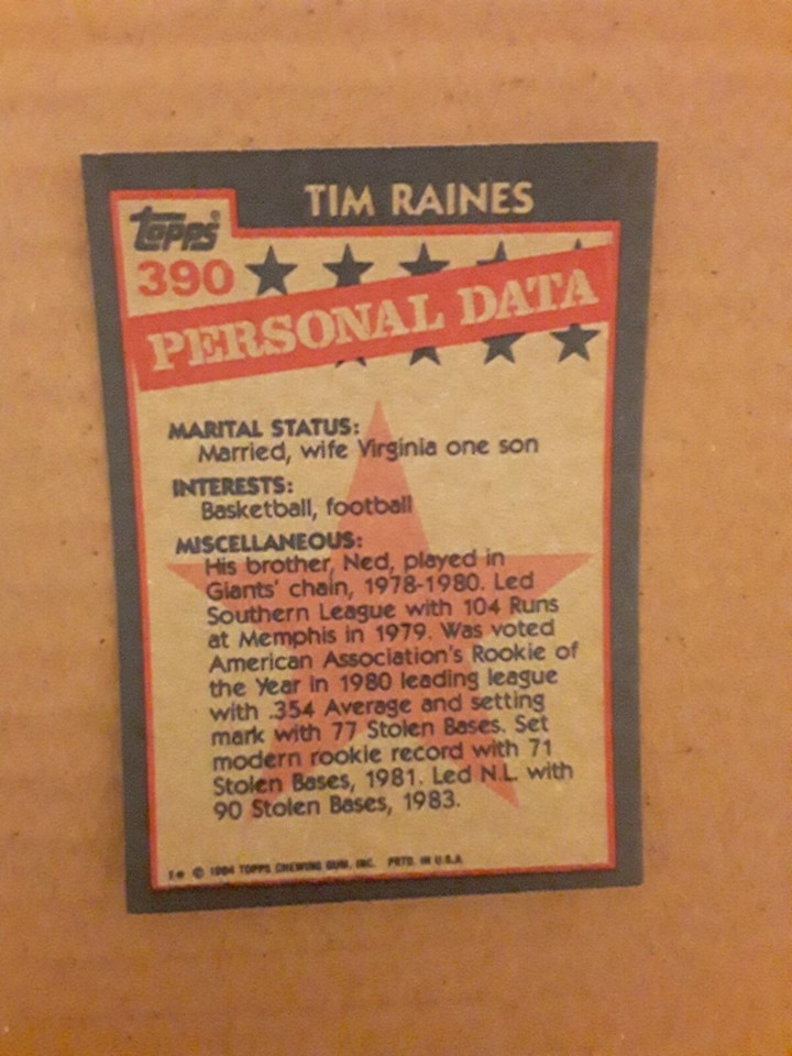 1984 Topps Tim Raines ALL STAR baseball card #390. Montreal Expos. | eBay