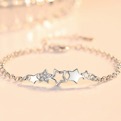 925 Sterling Silver Crystal Star Linked Charm Bracelet Women Jewellery ...