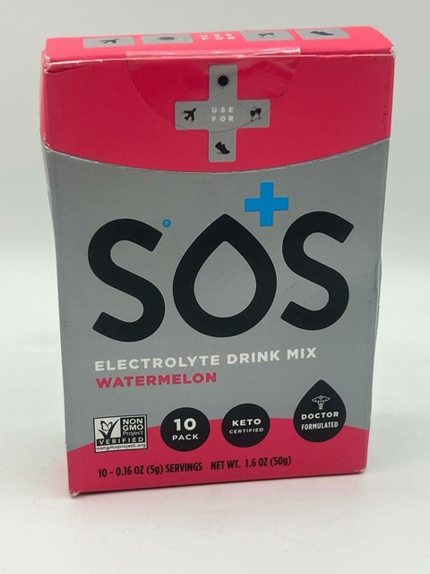 SOS Electrolyte Drink Mix Hydration Watermelon 10 Ct .16 Oz Packets 7/ ...