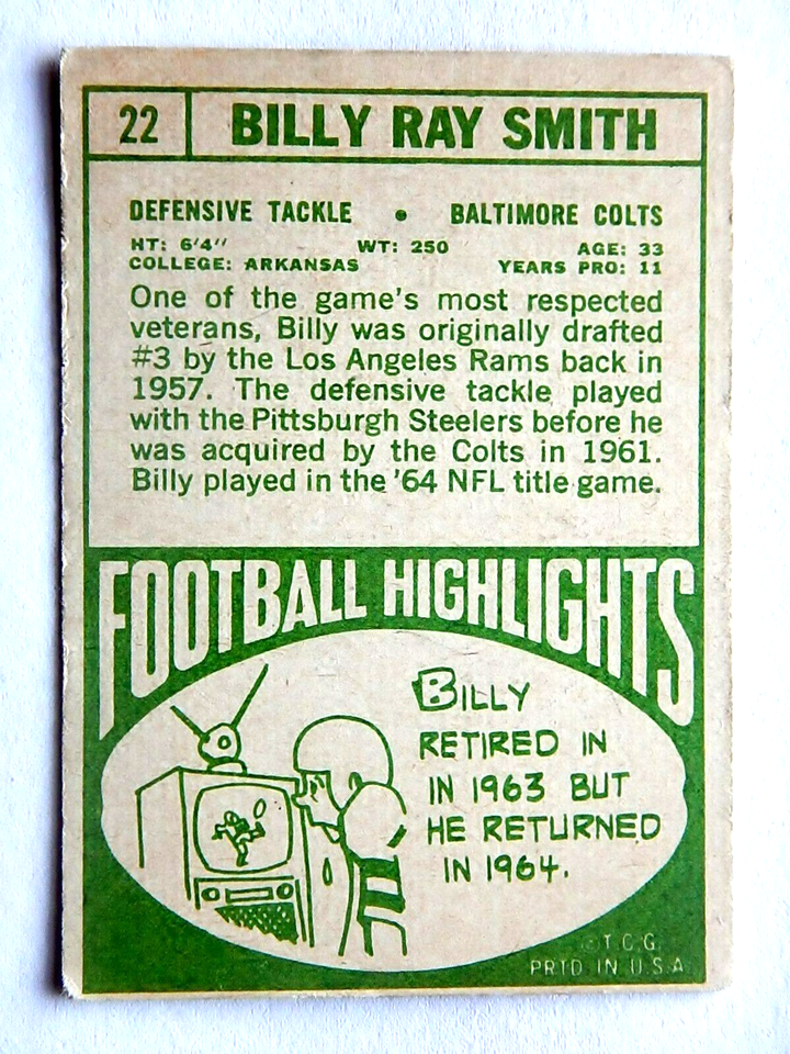 Billy Ray Smith #22 Topps 1968 Football Card (Baltimore Colts) *E | eBay