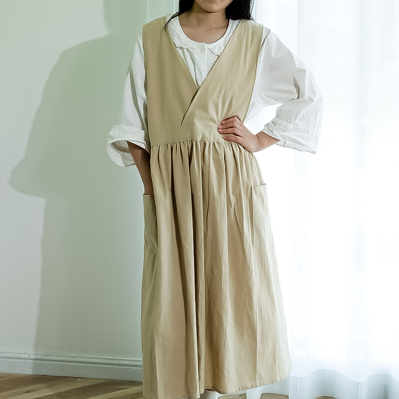 Women V-neck Apron with Pockets French Retro Comfy Cotton Blend Work ...