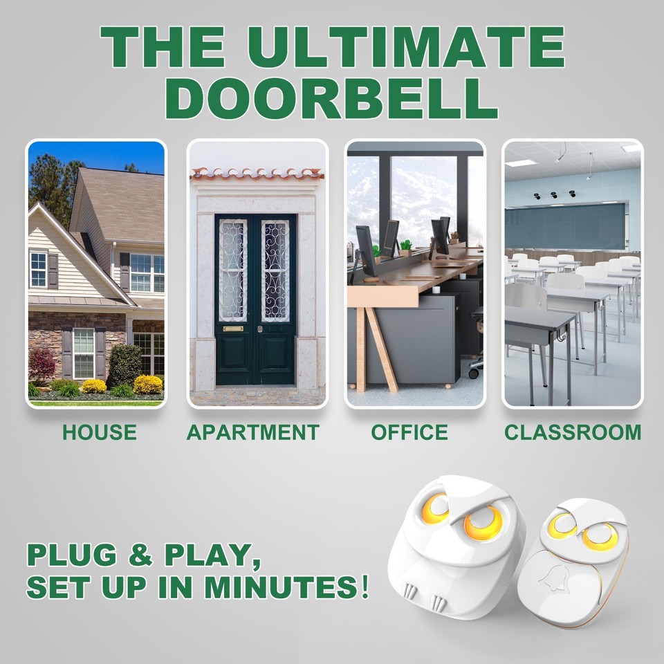 HTZSAFE Owl Wireless Doorbell, Weatherproof IP55 1 Receiver + 2 ...