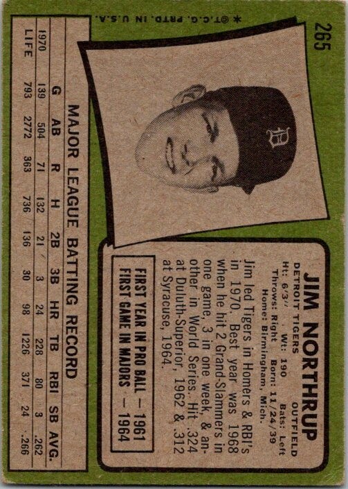 1971 Topps #265 Jim Northrup Vintage Baseball Card | eBay