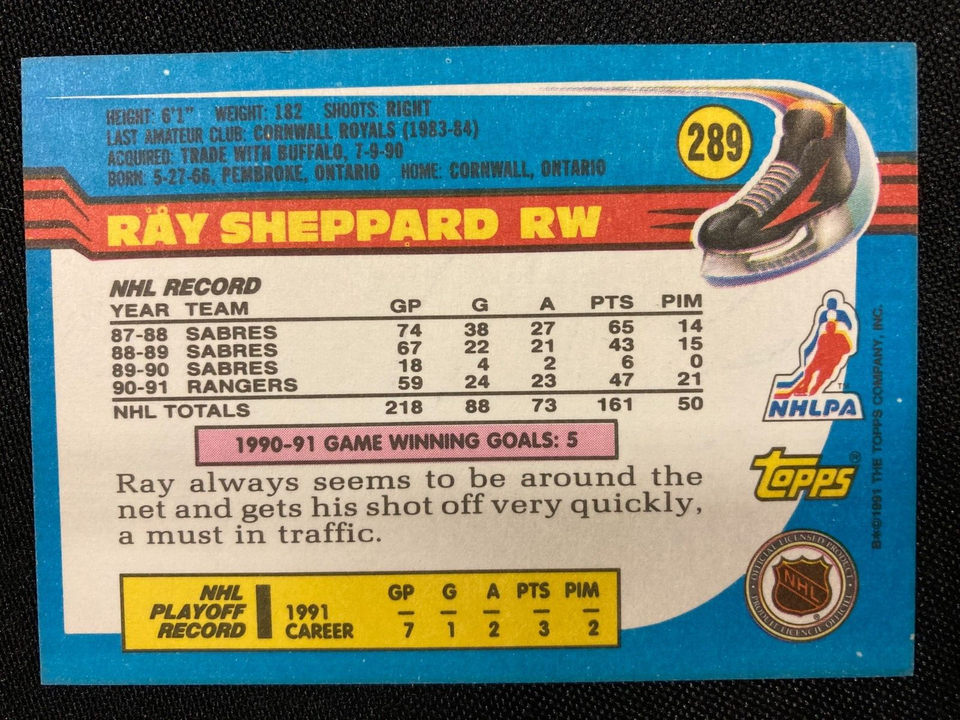 '91-92 TOPPS HOCKEY CARD RAY SHEPPARD #289 HAND SIGNED W/COA NRMT RANGE ...