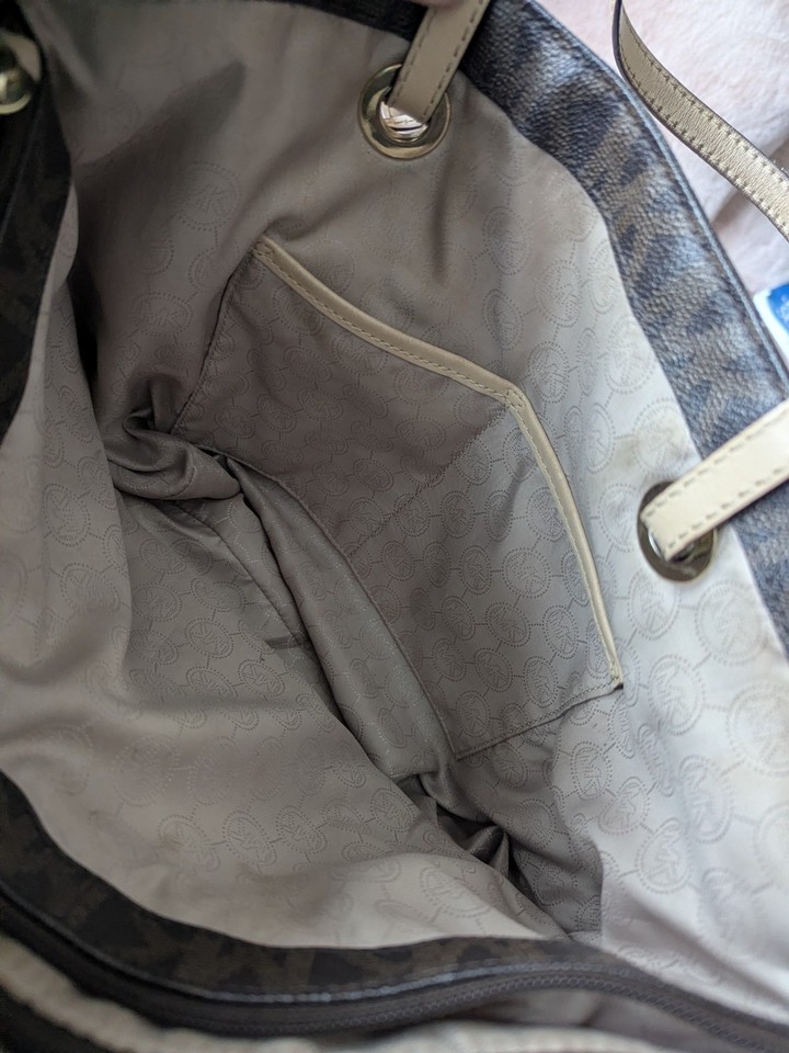 Michael Kors Jet Set Logo Signature Tote Brown With Beige Leather ...