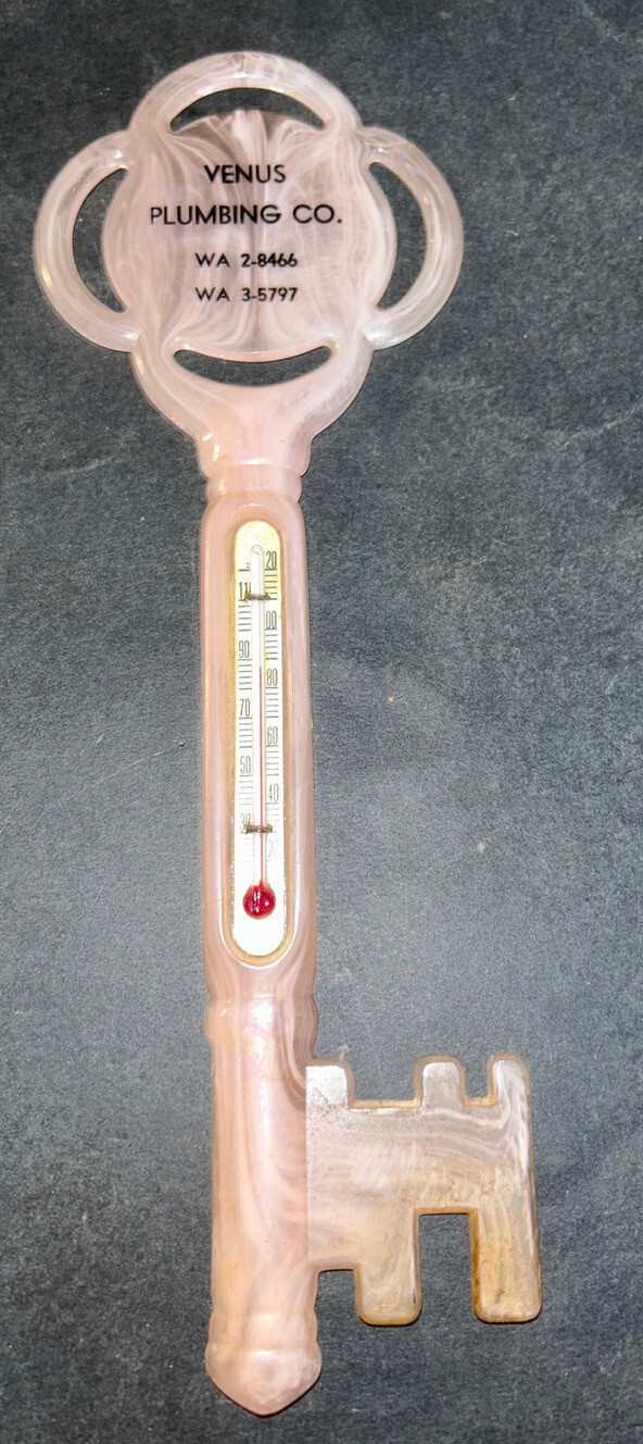 Vintage MCM Key Shaped Thermometer Venus Plumbing Co WA Pink Plastic 8. ...