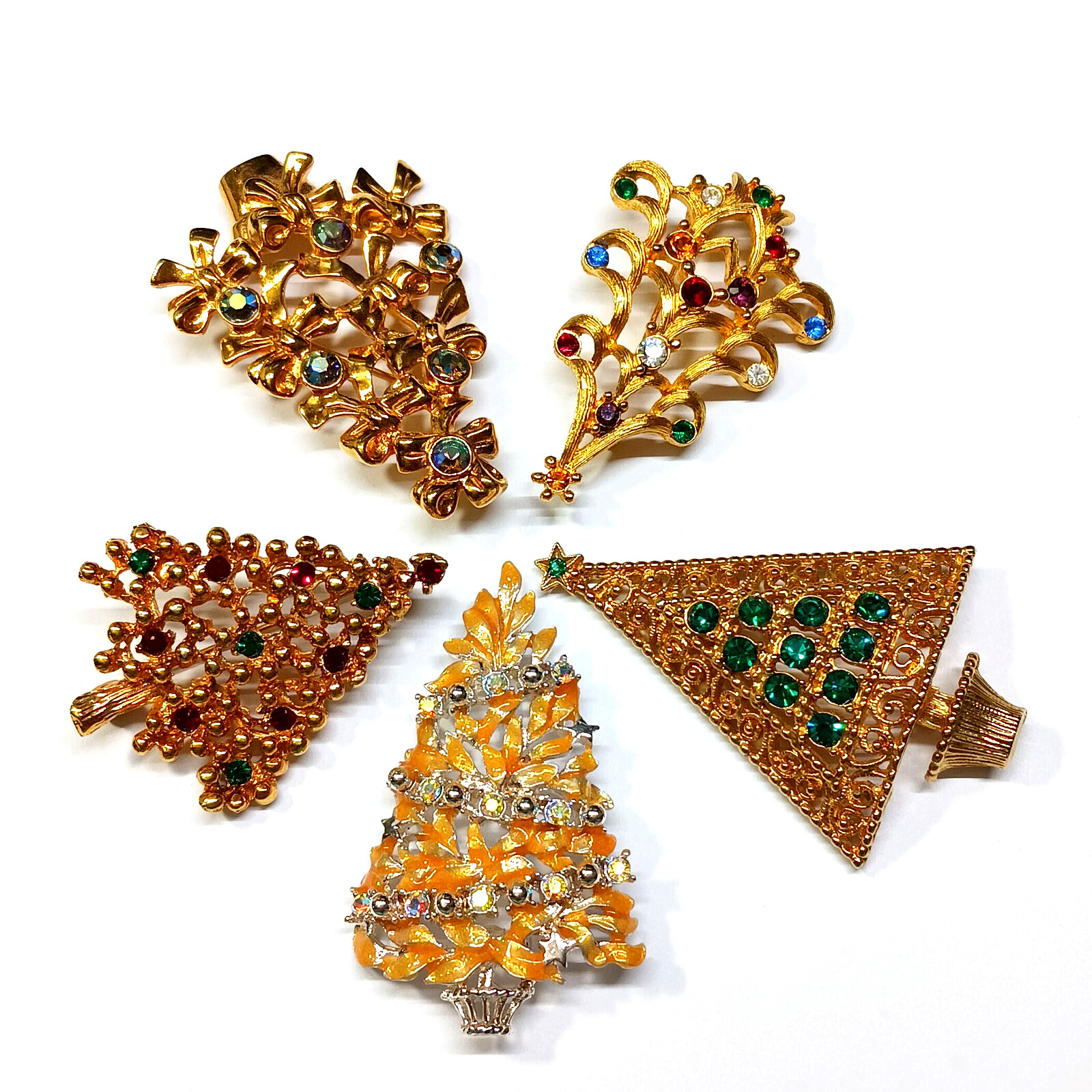 Vintage Rhinestone Christmas Tree Pin Brooch Lot Gold… - Gem