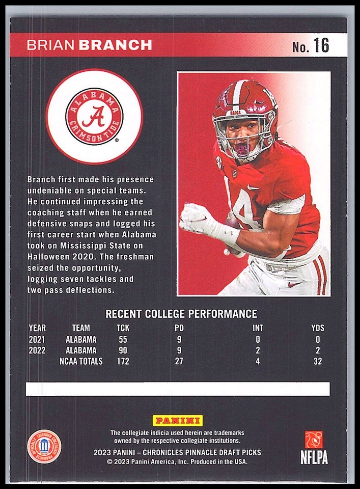 2023 Chronicles- Pinnacle #16 Brian Branch | eBay