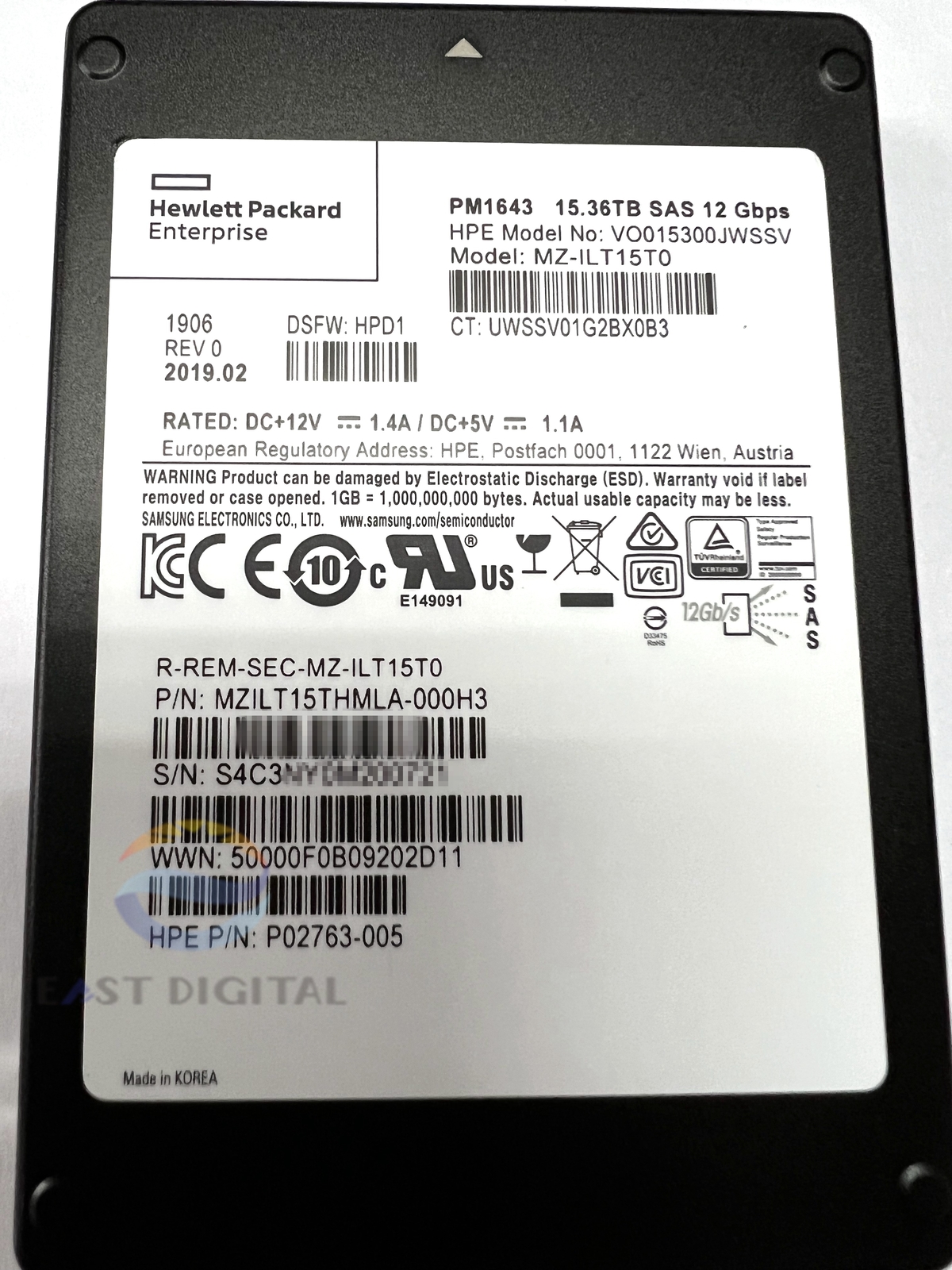 HPE MZ-ILT15T0 PM1643 15.36TB 2.5 12Gbs SAS VO015300JWSSV P02763-005 ...