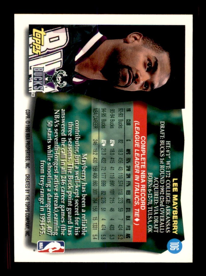1995 Basketball Topps Lee Mayberry Milwaukee Bucks #106 4 | eBay