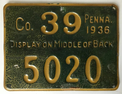 1936 Metal Pa Pennsylvania Resident Hunting License #5020 PGC Game ...