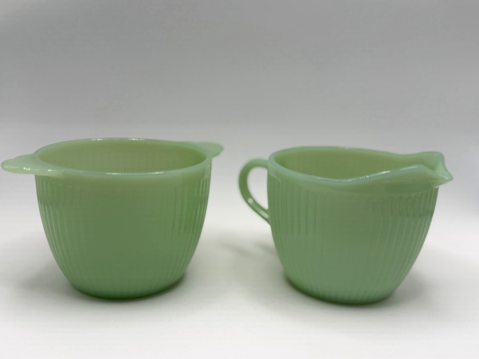 Vintage MCM Anchor Hocking Fire King Jadeite Jane Ray Sugar Creamer Set ...