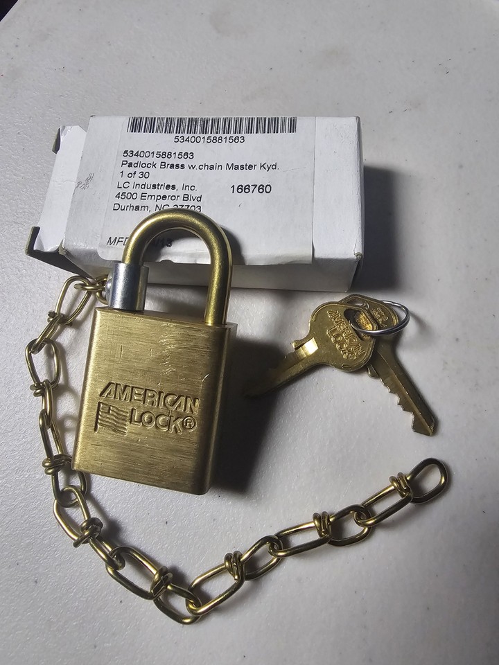 American Lock Company U.S. Military Brass Padlock Lock w/2 Keys & Chain ...