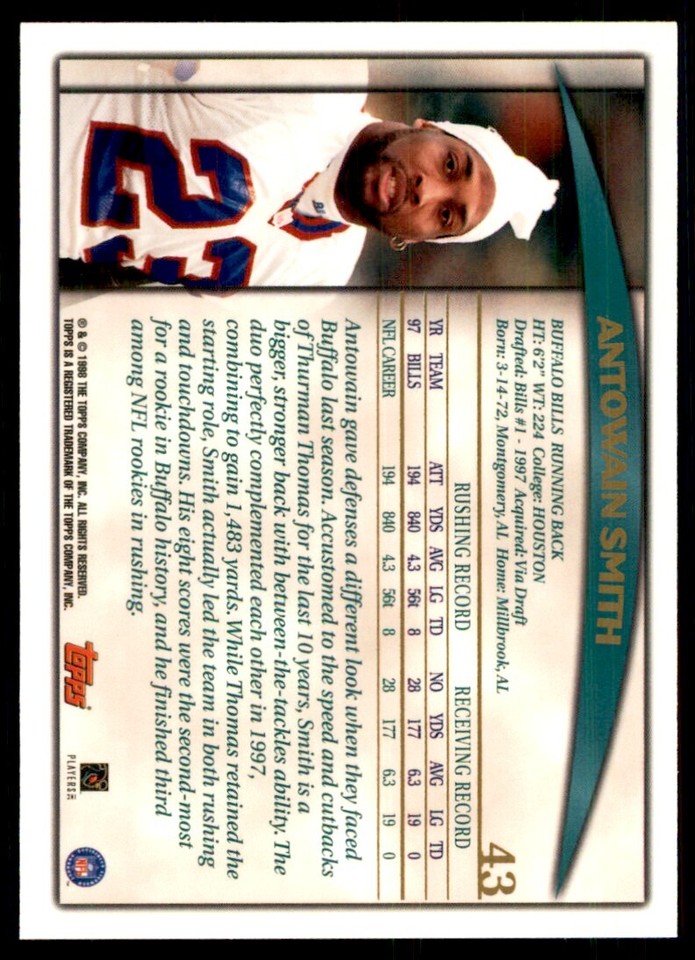 1998 TOPPS ANTOWAIN SMITH BUFFALO BILLS #43 | eBay