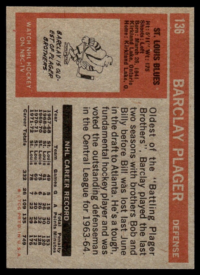 1972-73 Topps Barclay Plager St. Louis Blues #136 | eBay