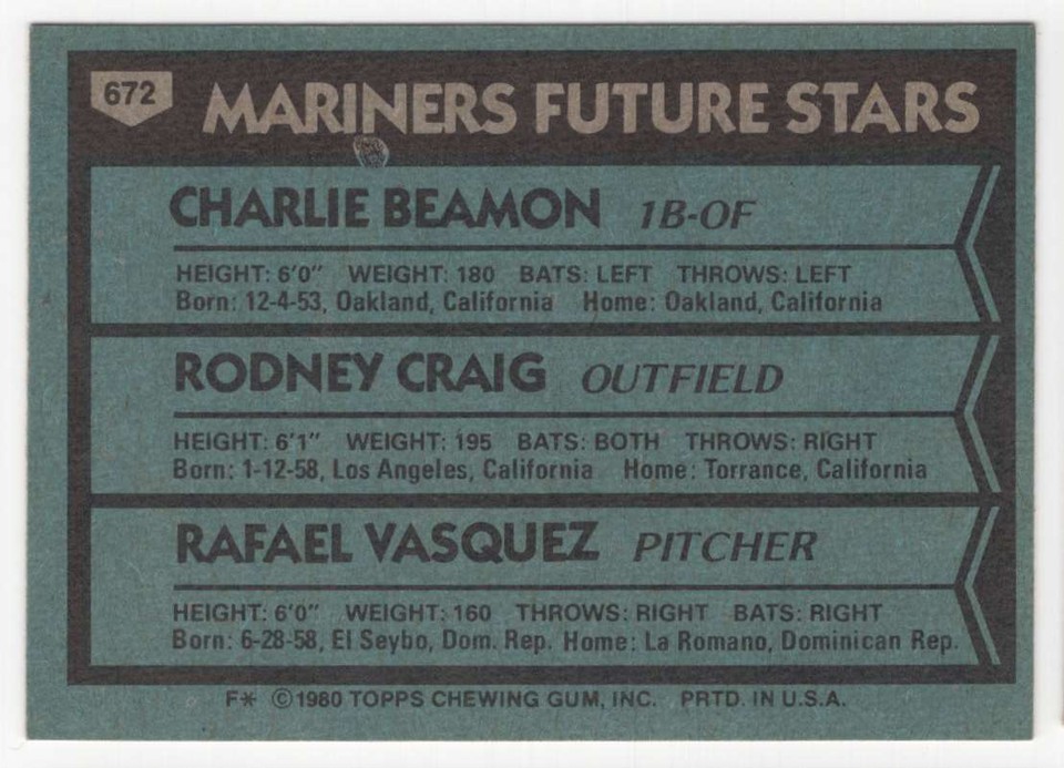 1980 Topps Mariners Future Stars - Charlie Beamon/Rodney Craig/Rafael ...