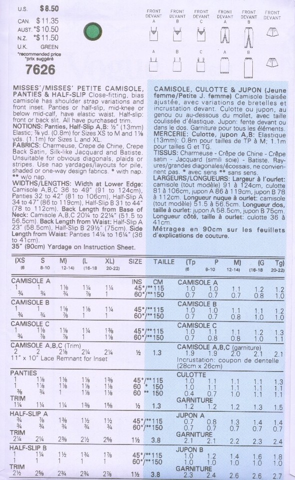 Vogue Pattern 9346 Misses / Miss Petite Camisole, Panties, Half Slip XS ...