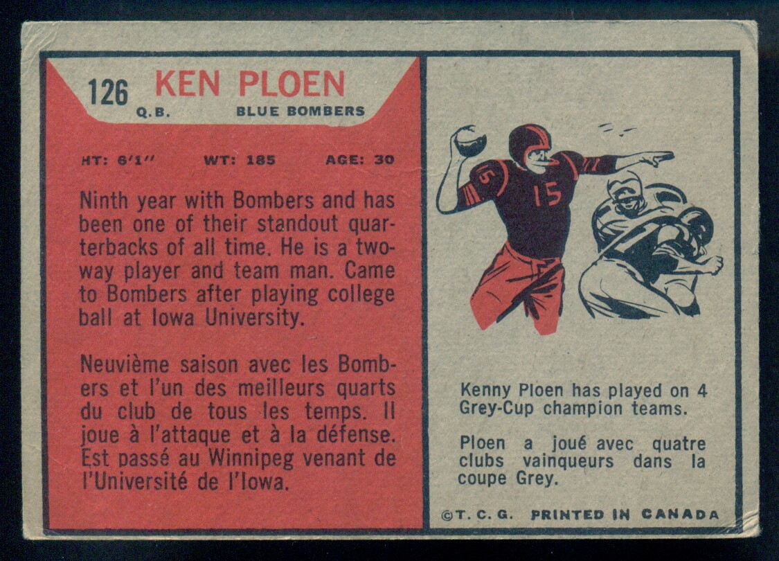 1965 TOPPS CFL FOOTBALL #126 Ken Ploen VG-EX Winnipeg Blue Bombers Iowa ...