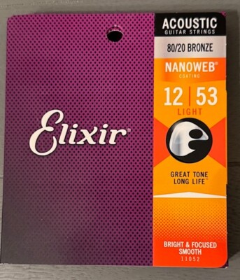 Elixir 11052 Nanoweb Coated 80/20 Bronze Acoustic Guitar Strings. Light ...