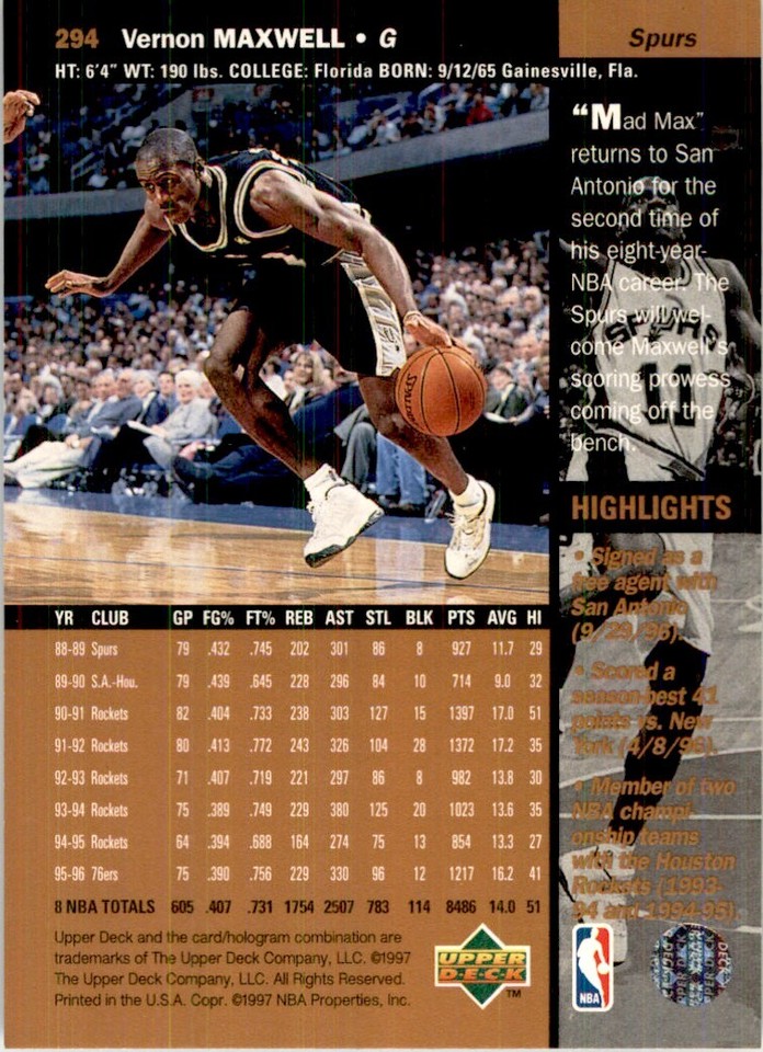 1996-97 Upper Deck Vernon Maxwell Basketball Cards #294 | eBay