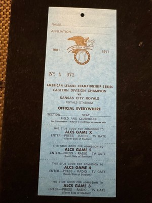 1976 ALCS Yankees vs Royals @Royals Stadium Press Pass OFFICIAL ...