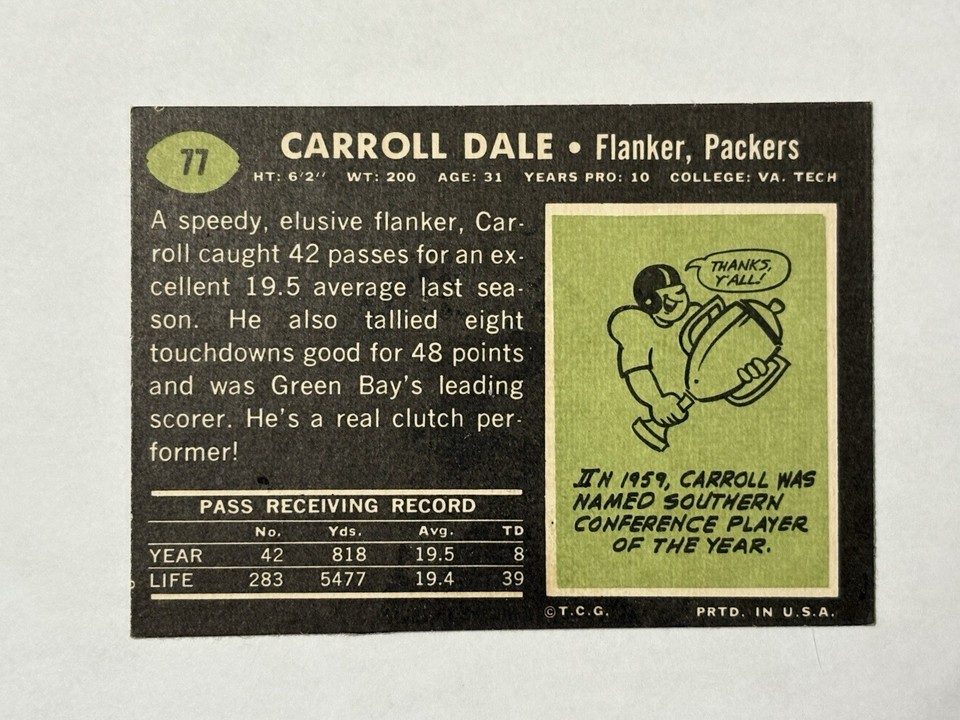Carroll Dale Vintage EXNEAR MINT SHARP 1969 Topps #77 Green Bay Packers ...