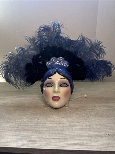 Vintage Clay Art Lady Face Mask w/Feathers Ceramic Wall Hanging With ...