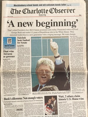 Bill Clinton Elected President Original Newspaper Headline November 4 ...