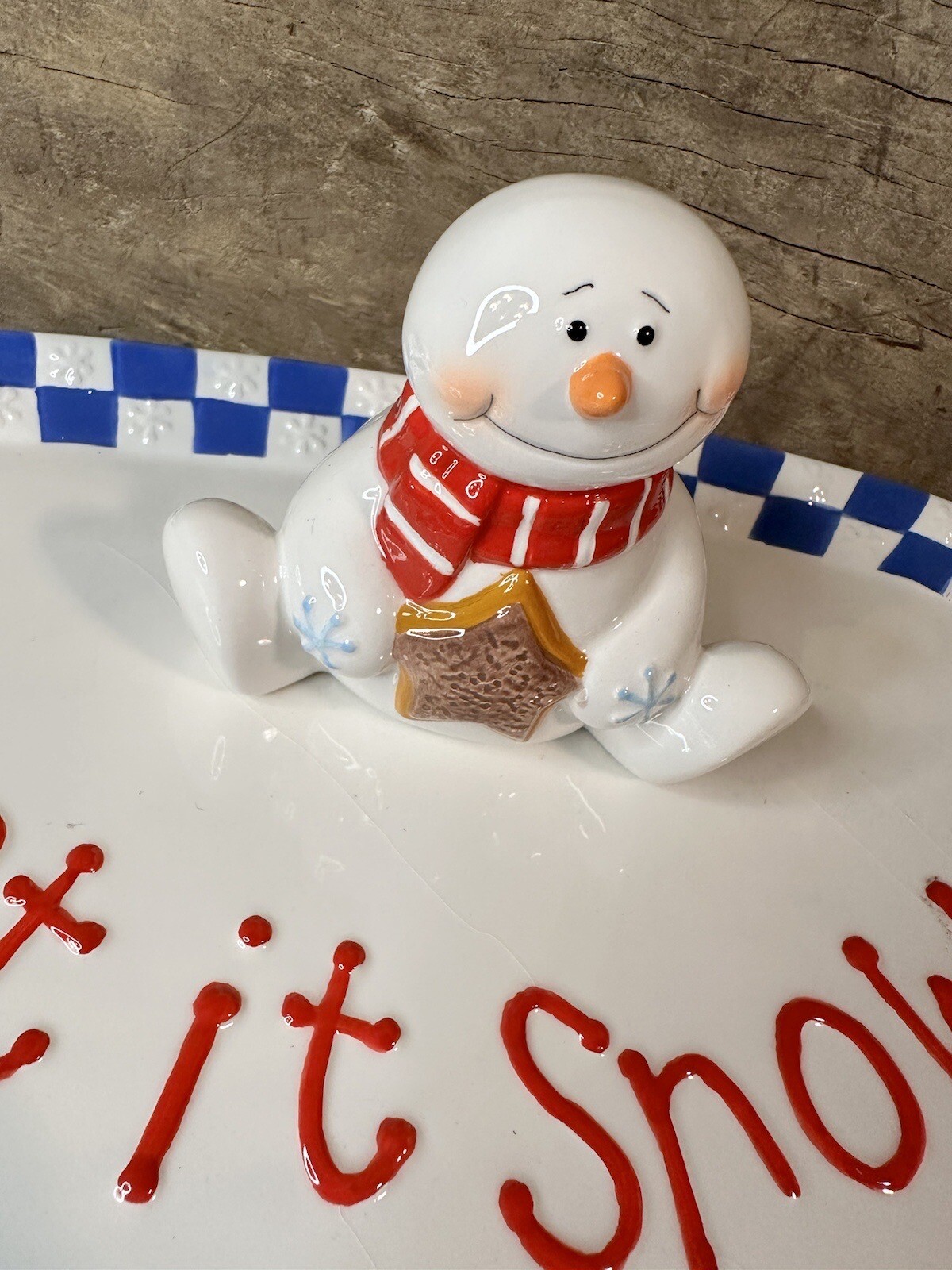 Let It Snow Platter Snowman blue and white checkered. Ceramic Christmas ...